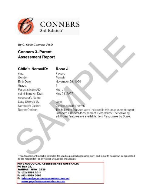 Conners 3–Parent Assessment Report - Psychological Assessments ...