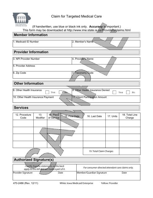 Sample of Targeted Medical Care Claim Form - Iowa Medicaid ...