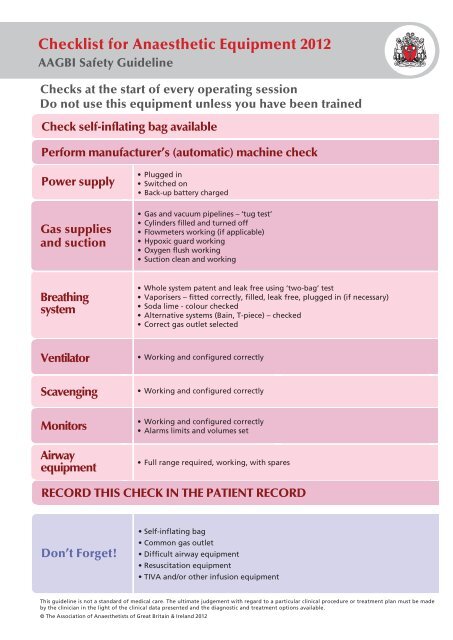 Checklist for anaesthetic equipment 2012 - aagbi