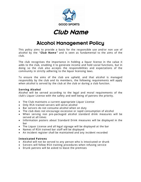 Sample Club Alcohol Management Policy - VicSport