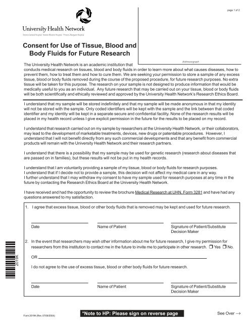 Consent for Use of Tissue, Blood and Body Fluids ... - UHN Research