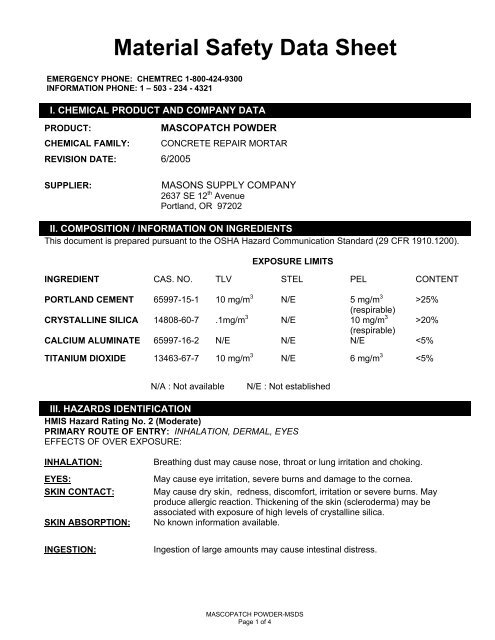 MASCOPATCH POWDER-MSDS.pdf - masco.net