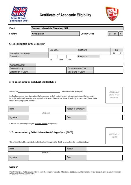 Certificate of Academic Eligibility
