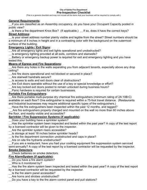 Fire Department pre-inspection checklist - City of Salida