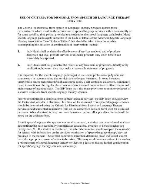 Use of criteria for dismissal from speech or language therapy