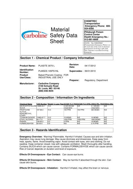 Plasite 3070 L MSDS - Carboline