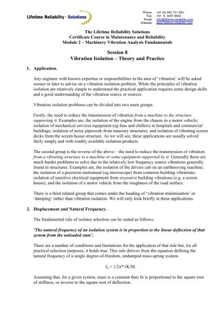 Machine Vibration Isolation â Theory and Practice - Lifetime Reliability