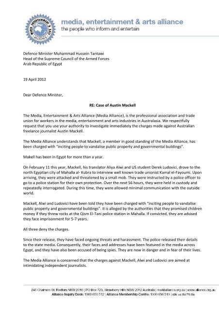 The letter, from Alliance federal secretary Christopher Warren