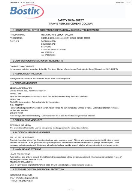 safety data sheet travis perkins cement colour - Trademate Home ...