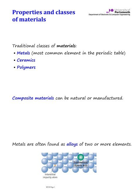 Properties and classes of materials Metals