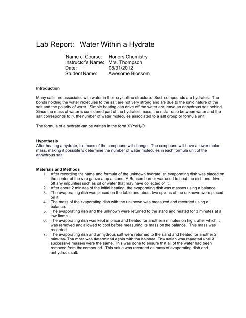 Lab Report: Water Within a Hydrate - The Oakwood School
