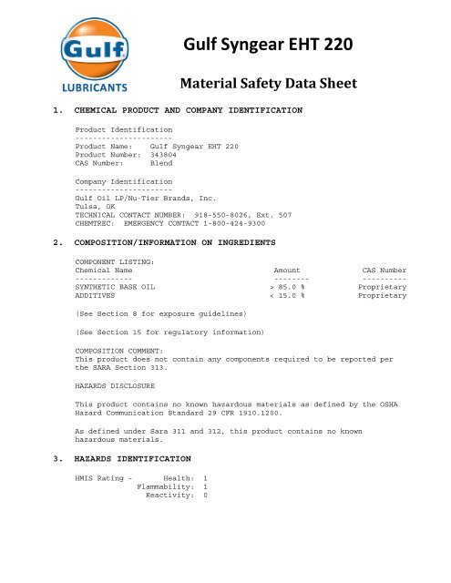 Material Safety Data Sheet Gulf Syngear EHT 220