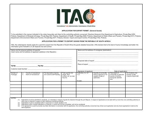 APPLICATION FOR EXPORT PERMIT (General Goods)
