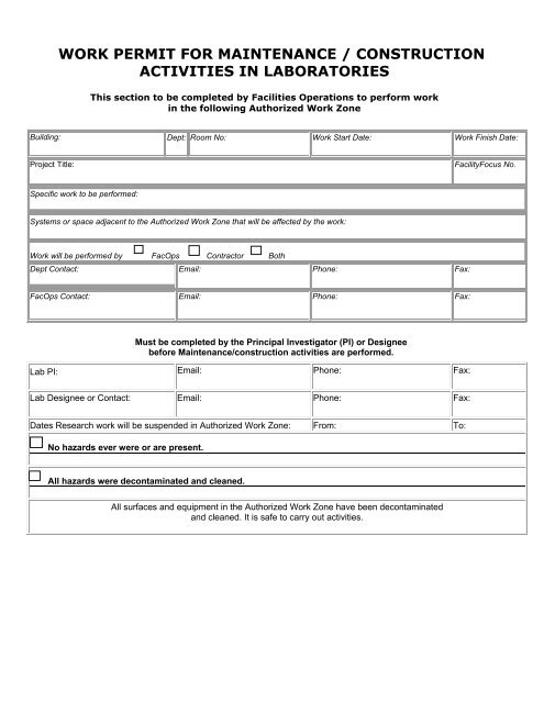 work permit for maintenance / construction activities in laboratories