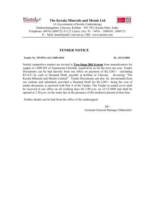 The Kerala Minerals and Metals Ltd TENDER NOTICE - Kmml.com