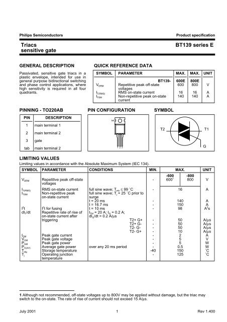 Triacs BT139 series E sensitive gate - Datasheet Catalog