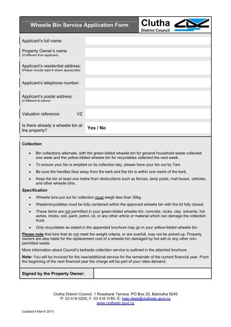 Wheelie Bin Service Application Form - Clutha District Council