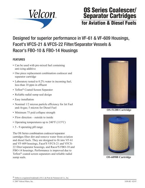 OS Series Coalescer/ Separator Cartridges for Aviation & Diesel Fuels