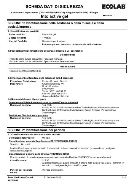 SCHEDA DATI DI SICUREZZA Into active gel
