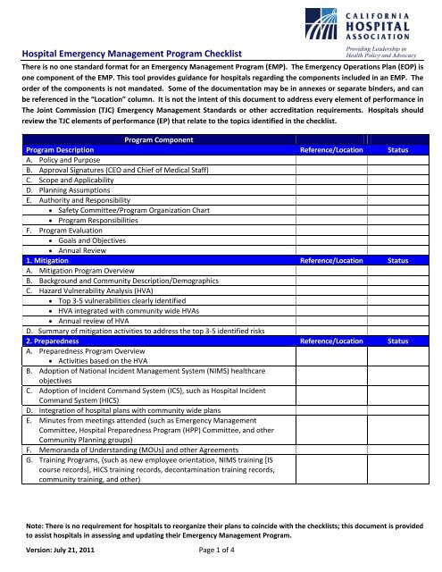 Hospital Emergency Management Program Checklist Hospital Emergency Management Program Checklist