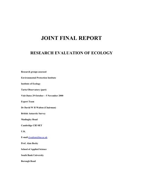 joint final report research evaluation of ecology