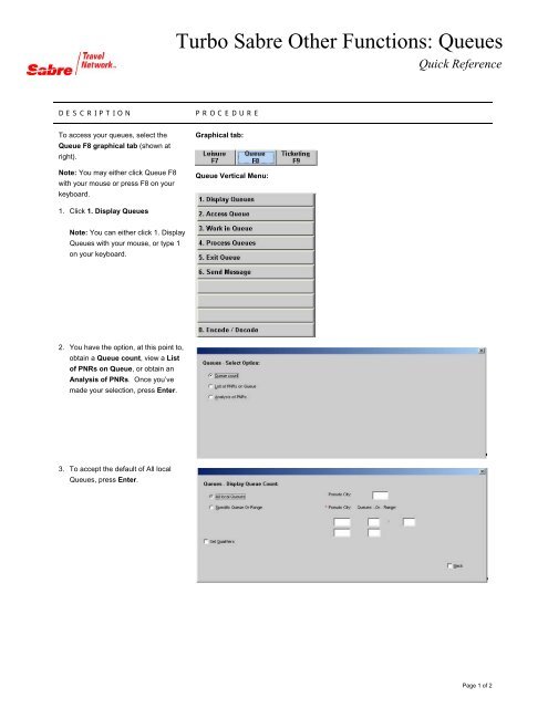 Turbo Sabre Other Functions: Queues - Sabre Travel Network