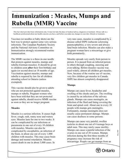 Immunization : Measles, Mumps and Rubella (MMR) Vaccine