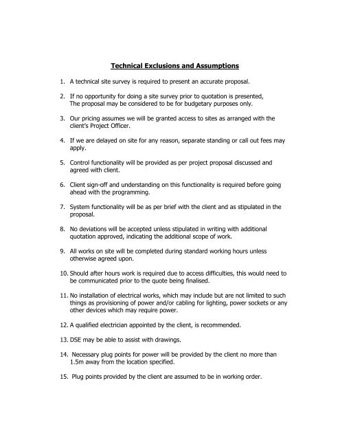 Technical Exclusions and Assumptions - Dave Sutton Electronics