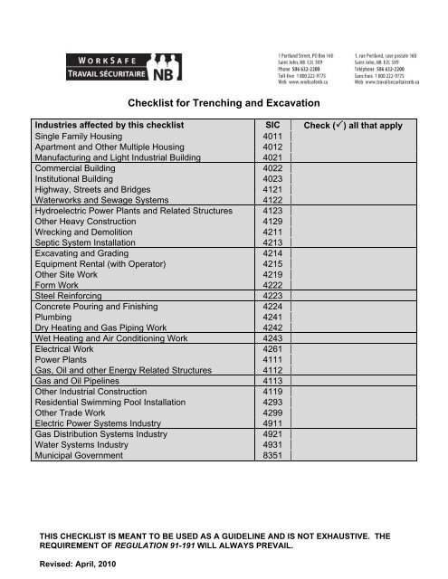 Checklist for Trenching and Excavation - WorkSafeNB