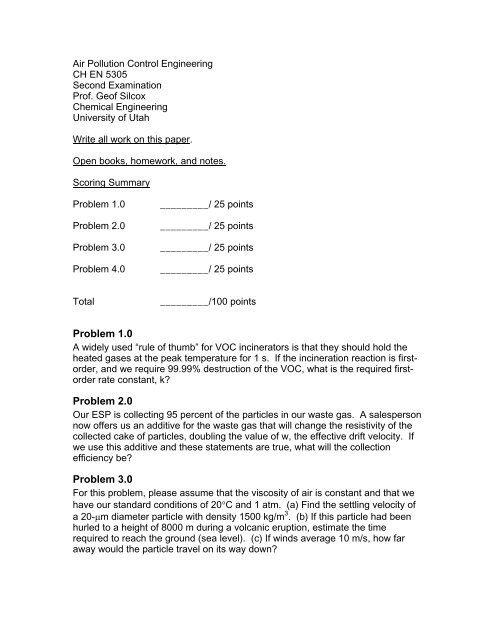 Sample Exam 2 Problems. - Department of Chemical Engineering
