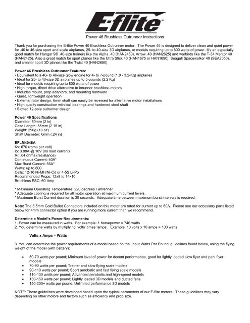E Flite Motor Comparison Chart - Infoupdate.org