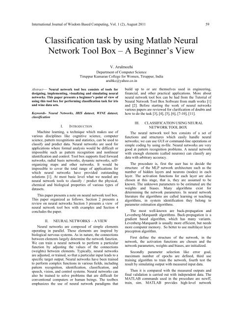 Classification Task By Using Matlab Neural Network Tool Box A