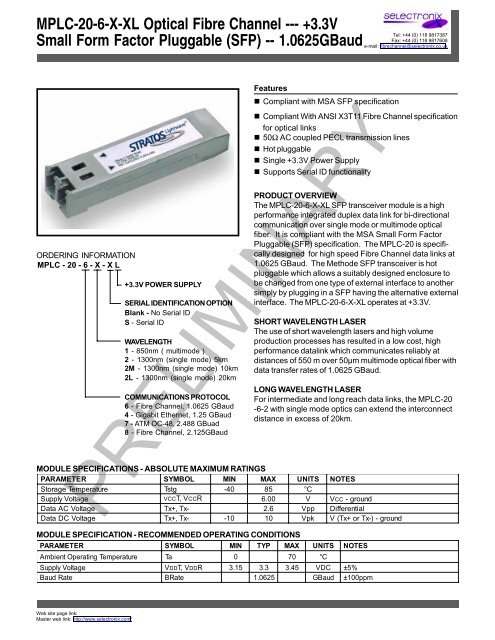 +3.3V Small Form Factor Pluggable (SFP) -- 1.0625GBaud