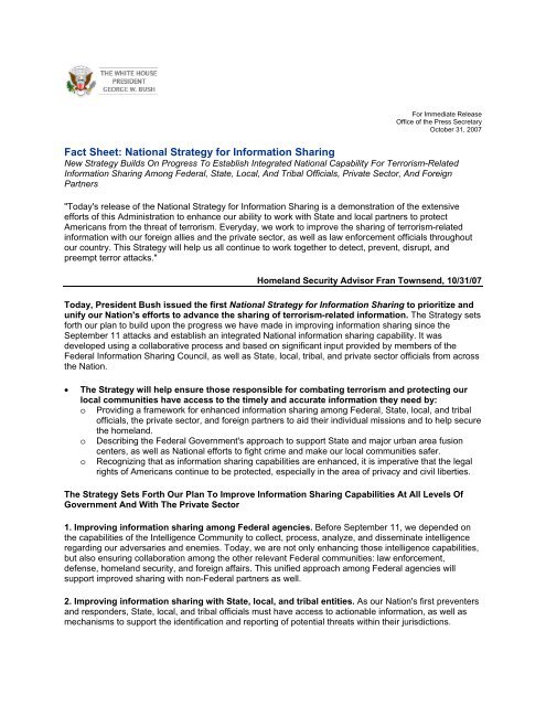 Fact Sheet: National Strategy for Information Sharing - ISE.gov