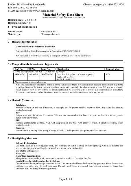 Renaissance Wax Polish MSDS - Rio Grande