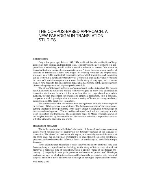 The Corpus-Based Approach: A New Paradigm in Translation Studies