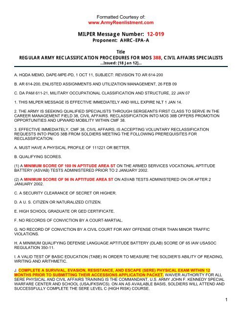 MILPER Message Number: 12-019 - ArmyReenlistment.com