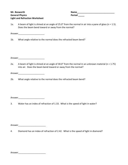 Physics Light Worksheet