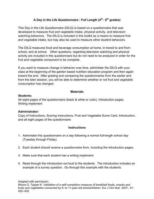 A Day in the Life Questionnaire - Full Length (4th - 6th grades)