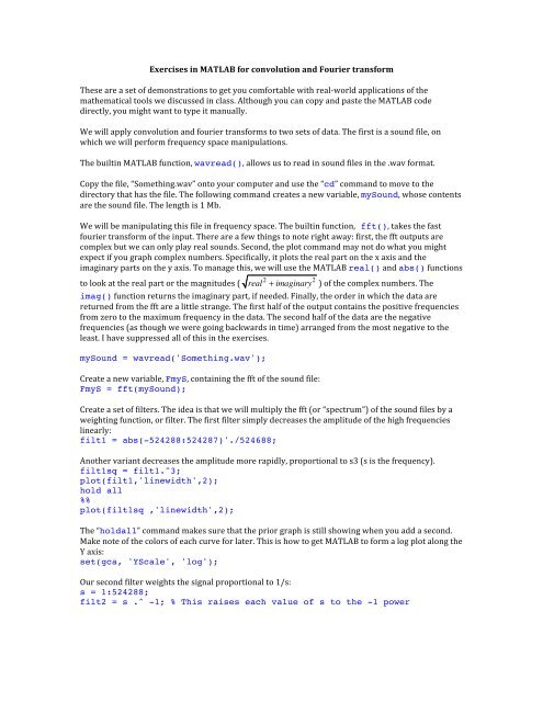 Exercises in MATLAB for convolution and Fourier transform These ...