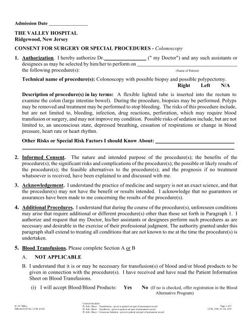 Colonoscopy Consent Form - Valley Hospital
