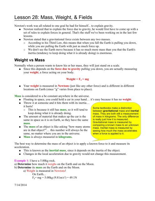 Lesson 28: Mass, Weight, & Fields