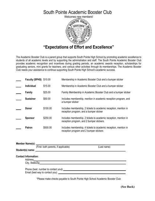 Academic Booster Club Form - South Pointe High School