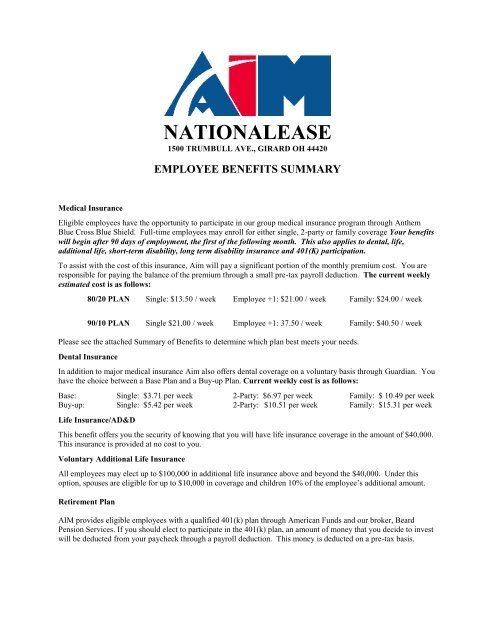 EMPLOYEE BENEFITS SUMMARY - Aim NationaLease