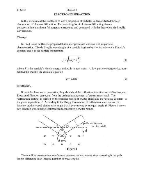 ELECTRON DIFFRACTION In this experiment the existence of wave ...