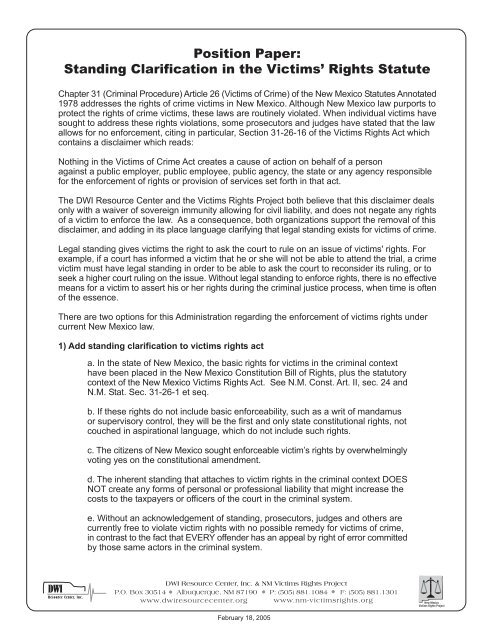 Position Paper: Standing Clarification in the Victims' Rights Statute