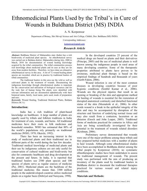 Ethnomedicinal Plants Used by the Tribal's in Cure of ... - Statperson