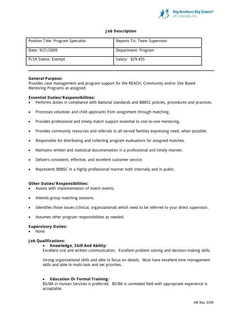 Job Description Position Title: Program Specialist Reports To: Team ...