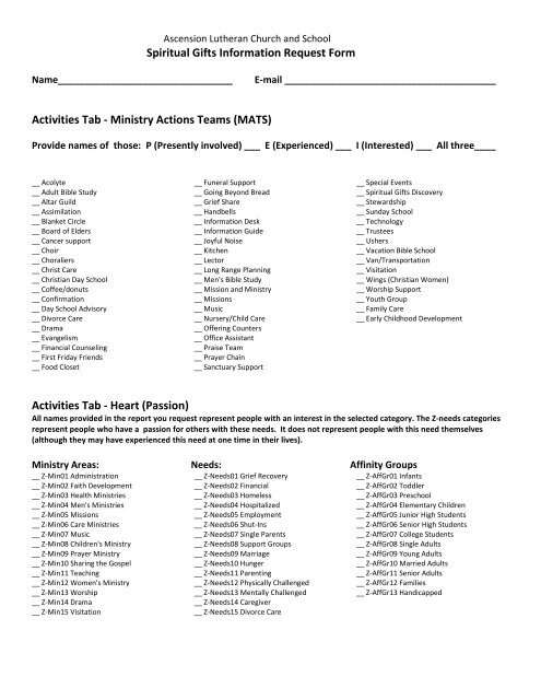 Spiritual Gifts Information Request Form Activities Tab - Ministry ...