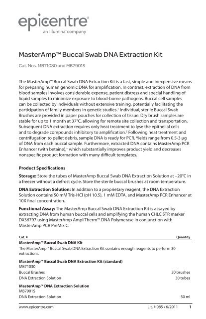 Protocol for MasterAmpâ ¢ Buccal Swab DNA Extraction Kit